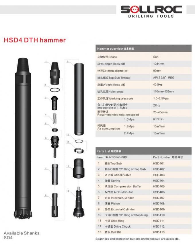 Conventional DTH tools Down The Hole Hammer 4 Inch HSD Series HSD4 for ...